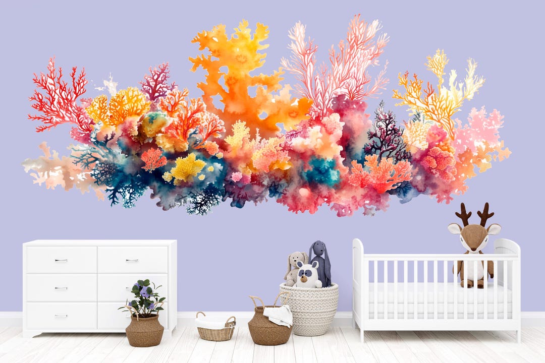 Watercolor Coral Reef Wall Mural for Nursery, Ocean Nursery Wall Art ...