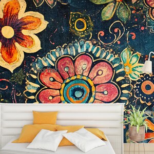 Boho Floral Wall Mural – Large Colorful Vintage Flower Tapestry for ...