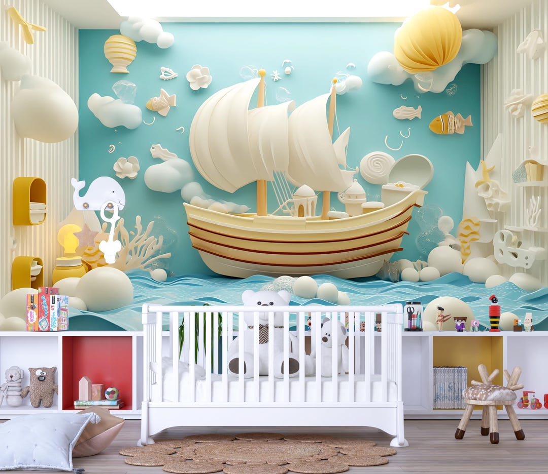 Whimsical Ocean Ship Wall Mural for Kids Room – Nautical 3D Art Print ...
