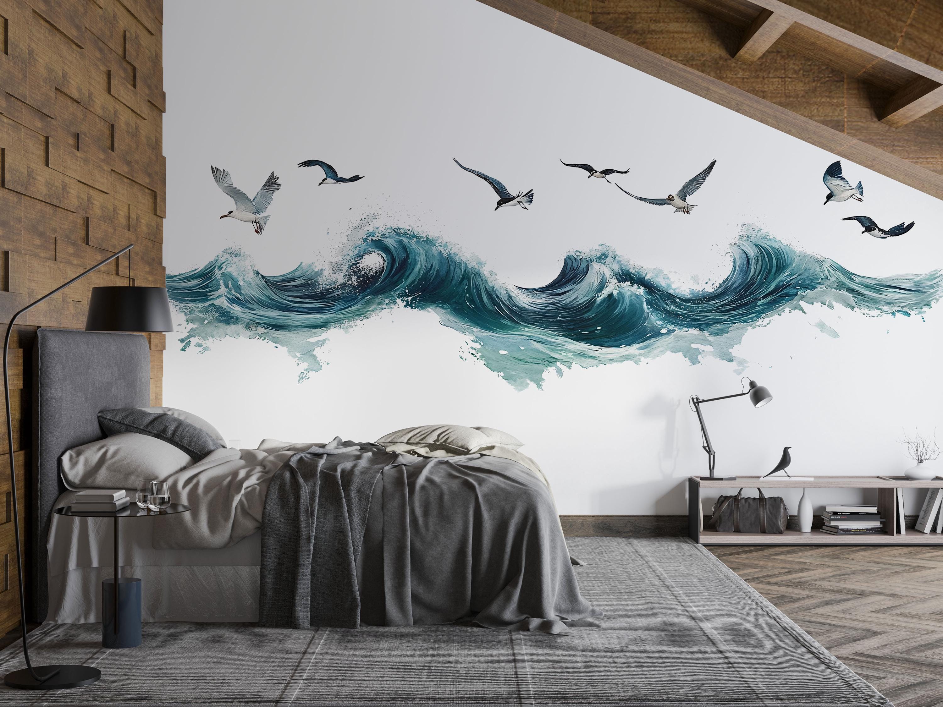 Ocean Waves Wall Decal, Coastal Wall Sticker, Beach Wall Art, Seagull ...