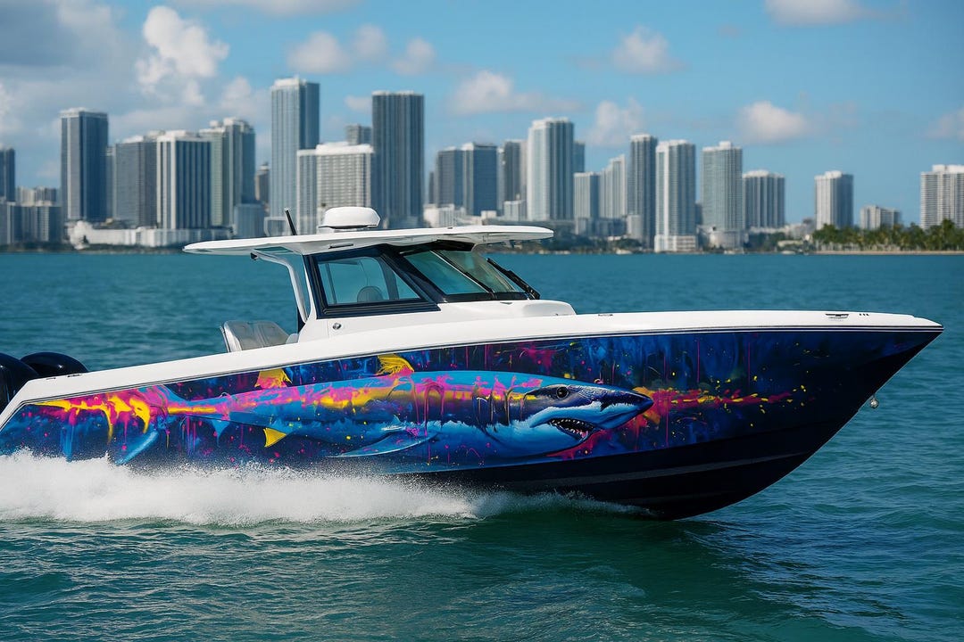 Neon Shark Boat Wrap – Full Color Vinyl Decal for Offshore Powerboats ...