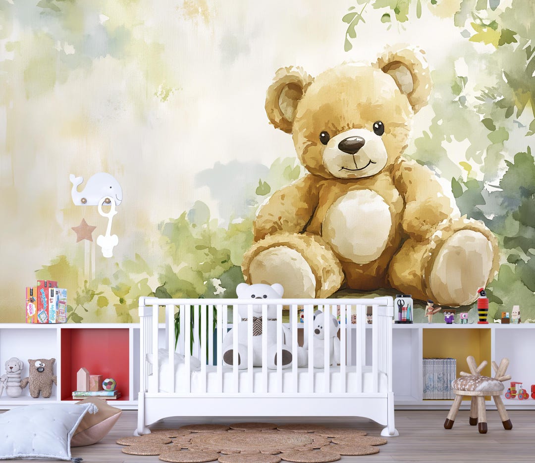 Teddy Bear Nursery Wall Mural - Cute Forest Animal Wallpaper - Baby ...
