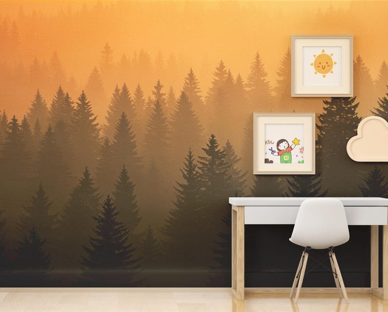 Dark Forest Wallpaper Mural, Dramatic Evergreen Tree Wall Art, Moody ...