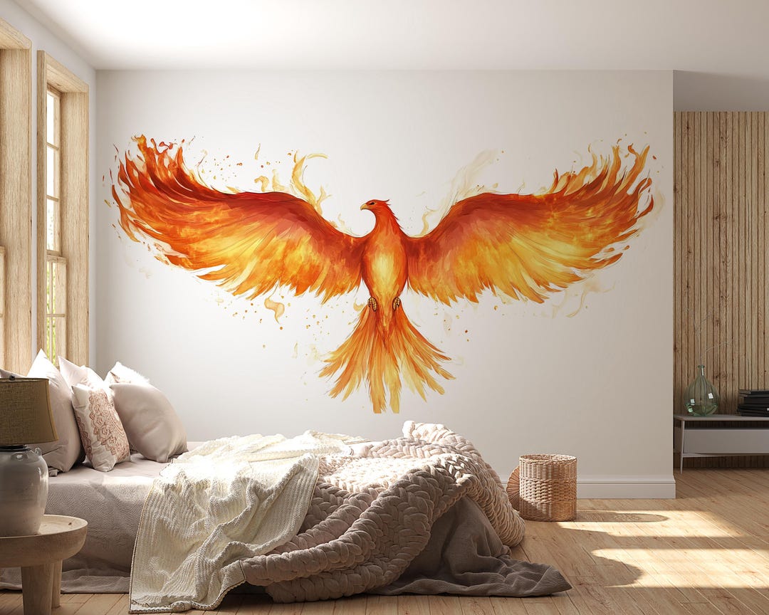 Phoenix Wall Decal – Fire Phoenix Wall Art, Mythical Bird Wall Sticker ...