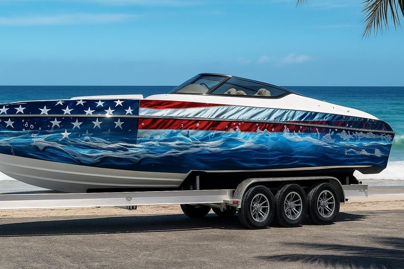 Patriotic American Flag Boat Wrap – USA Stars Ocean Waves Vinyl Decal ...