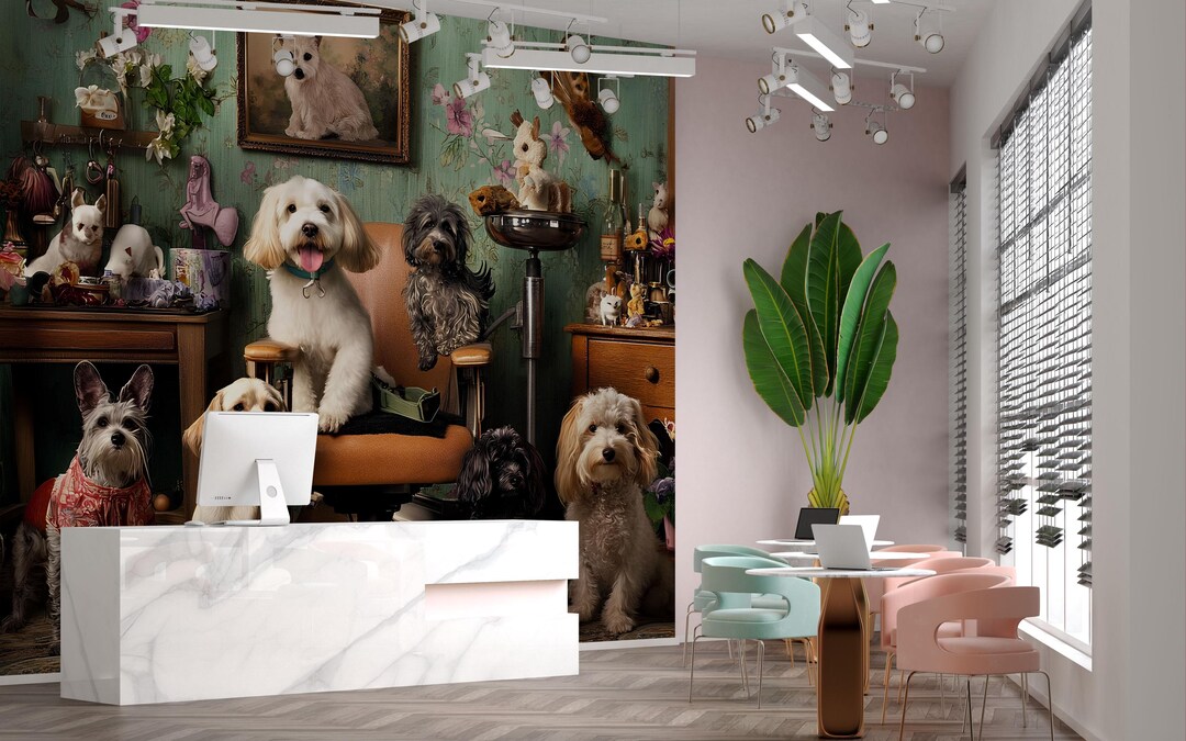 Whimsical Dog Grooming Wall Mural – Cute Dogs Salon Scene, Pet Lover ...