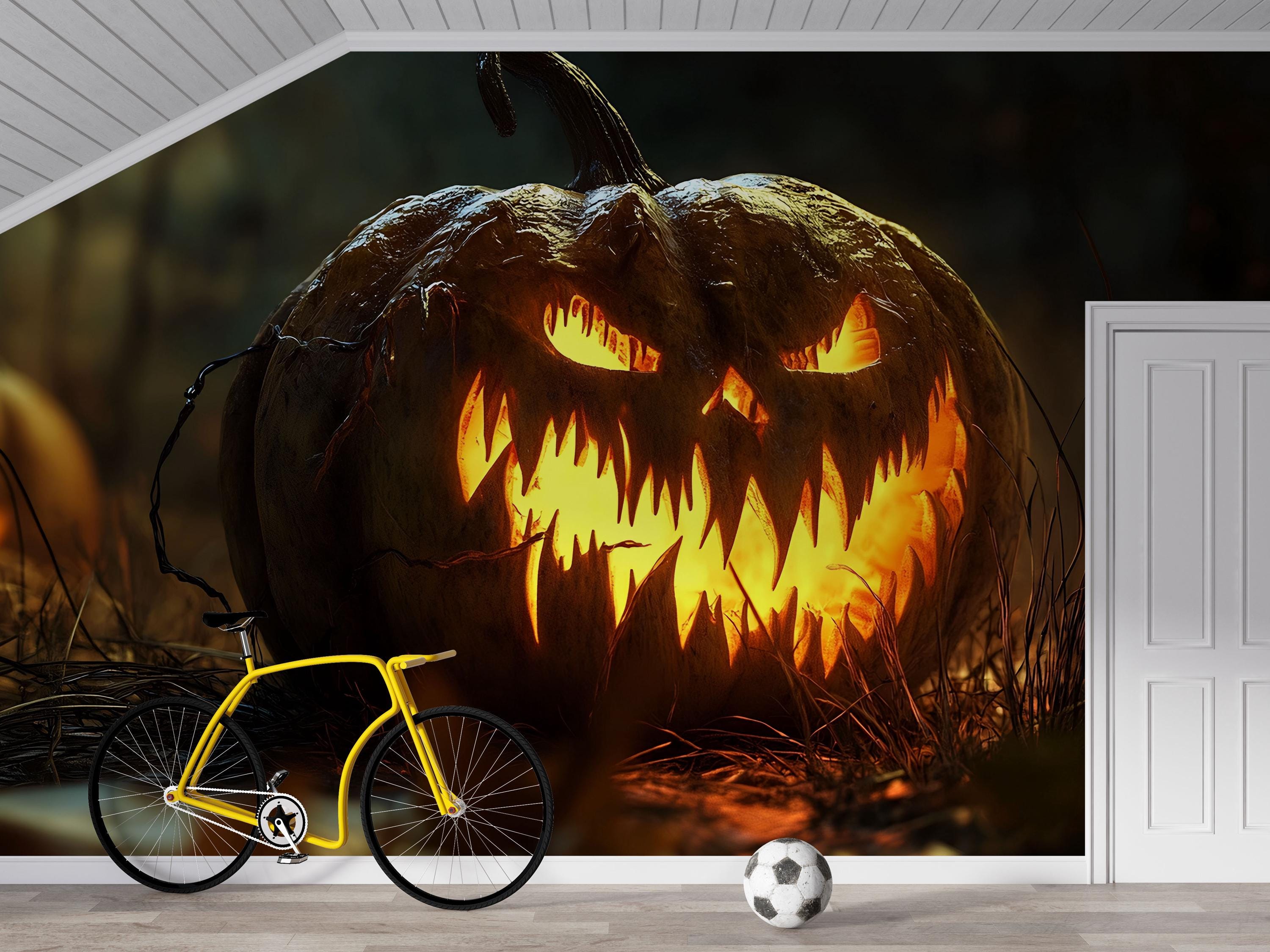 Scary Jack-o’-lantern Wall Mural – Creepy Halloween Horror Pumpkin Art ...
