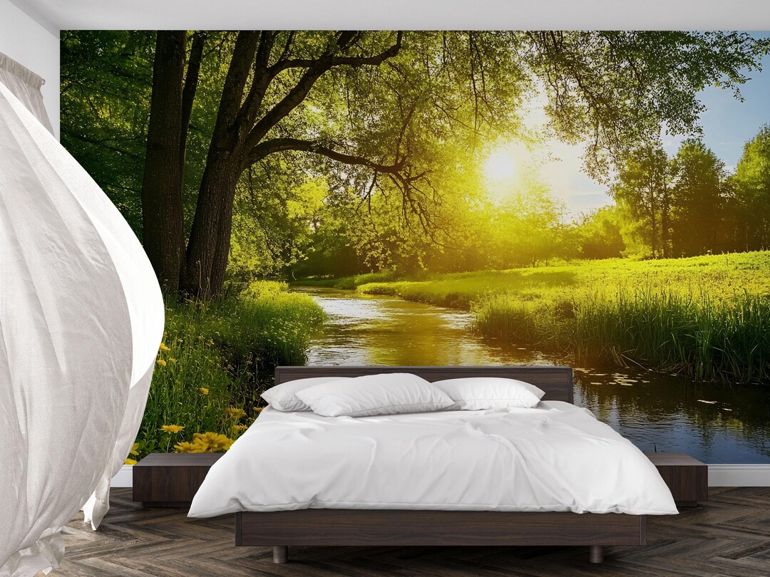 Peaceful Forest River Wall Mural for Bedroom | Tranquil Nature Sunset ...