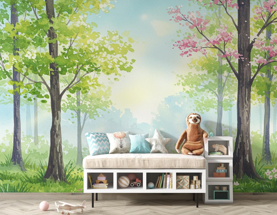 Watercolor Forest Wallpaper Mural – Dreamy Evergreen Trees Nursery ...
