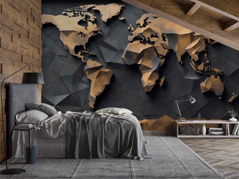 3D World Map Wall Mural Office Decor | Modern Geography Wall Art ...