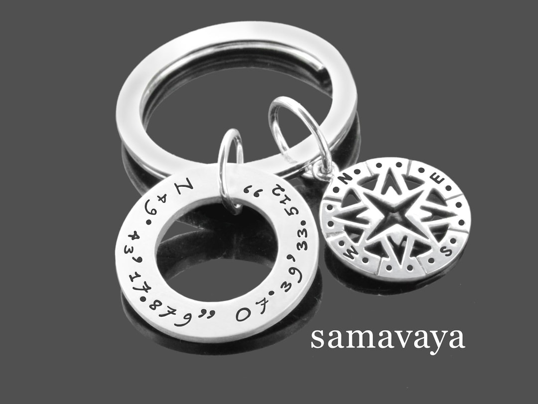 Keychain Personalized Coordinates Pendant COMPASS 925 Silver Pendant ...