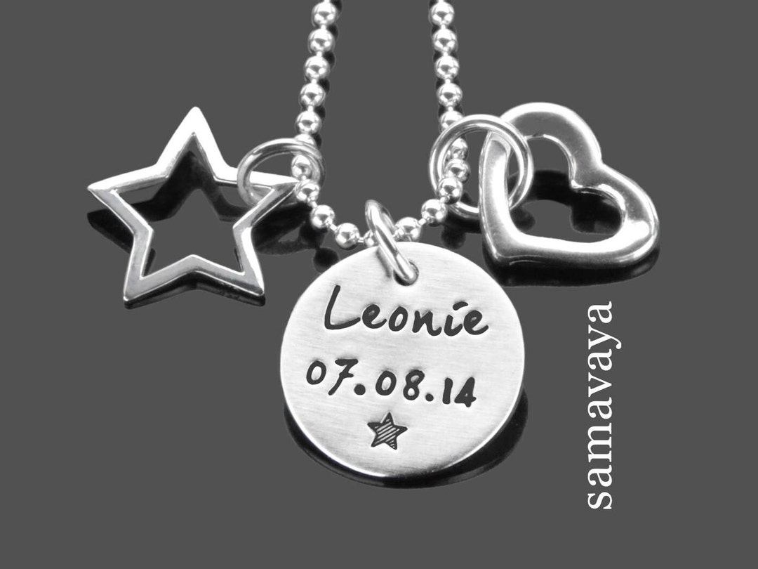 Baptismal Necklace Girl Engraving Pendant HEART & STAR 925 Silver Chain ...