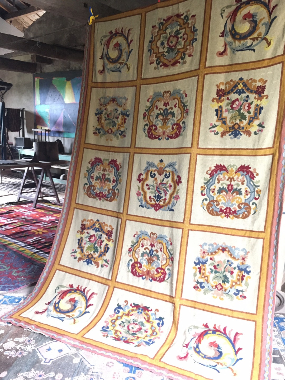 Vintage Needlepoint Wallhanging, Chateau Decor - Etsy