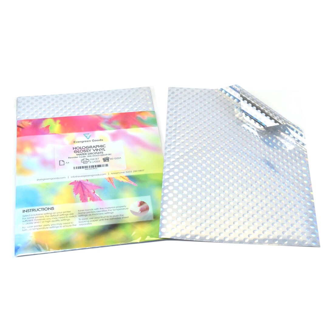 A4 Holographic Vinyl – Droplets Glossy Silver Sticker Label, DIY Self ...