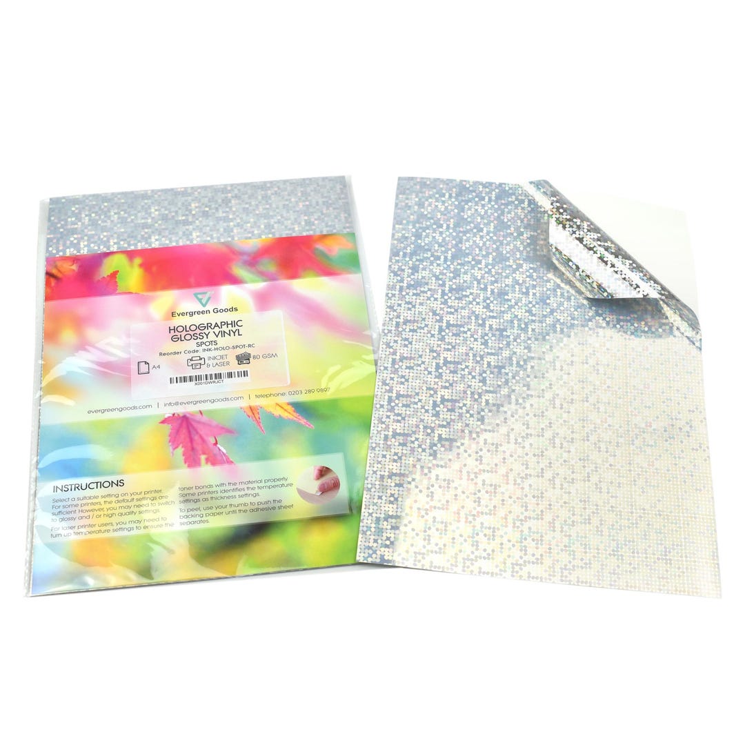 A4 Holographic Vinyl – Spots Glossy Silver Sticker Label, DIY Self ...