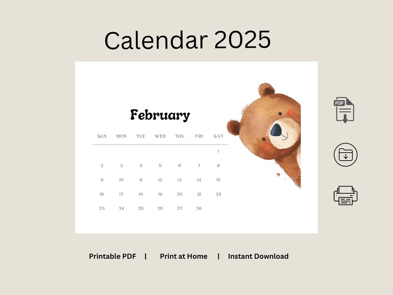 2025 Calendar Printable, Cute Kids Calendar 2025, Wall Calendar PDF ...