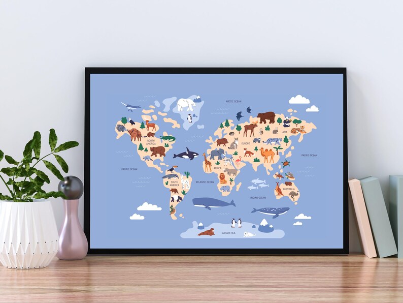 Printable Animal World Map Poster for Nursery, Kids Bedroom or ...