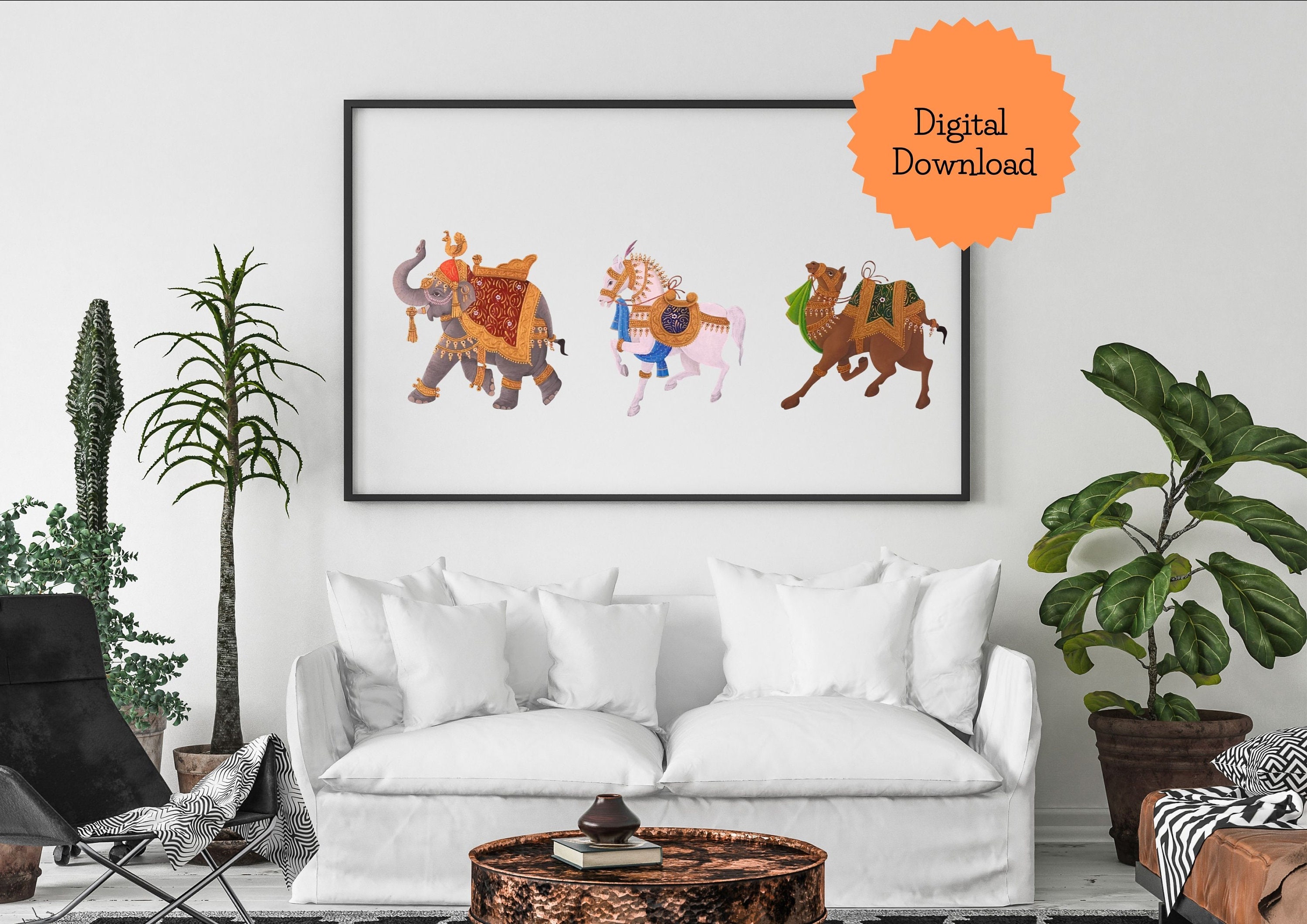 Set of 3 Indian Wall Art Decor, Animals Elephant Horse Camel, Digital ...