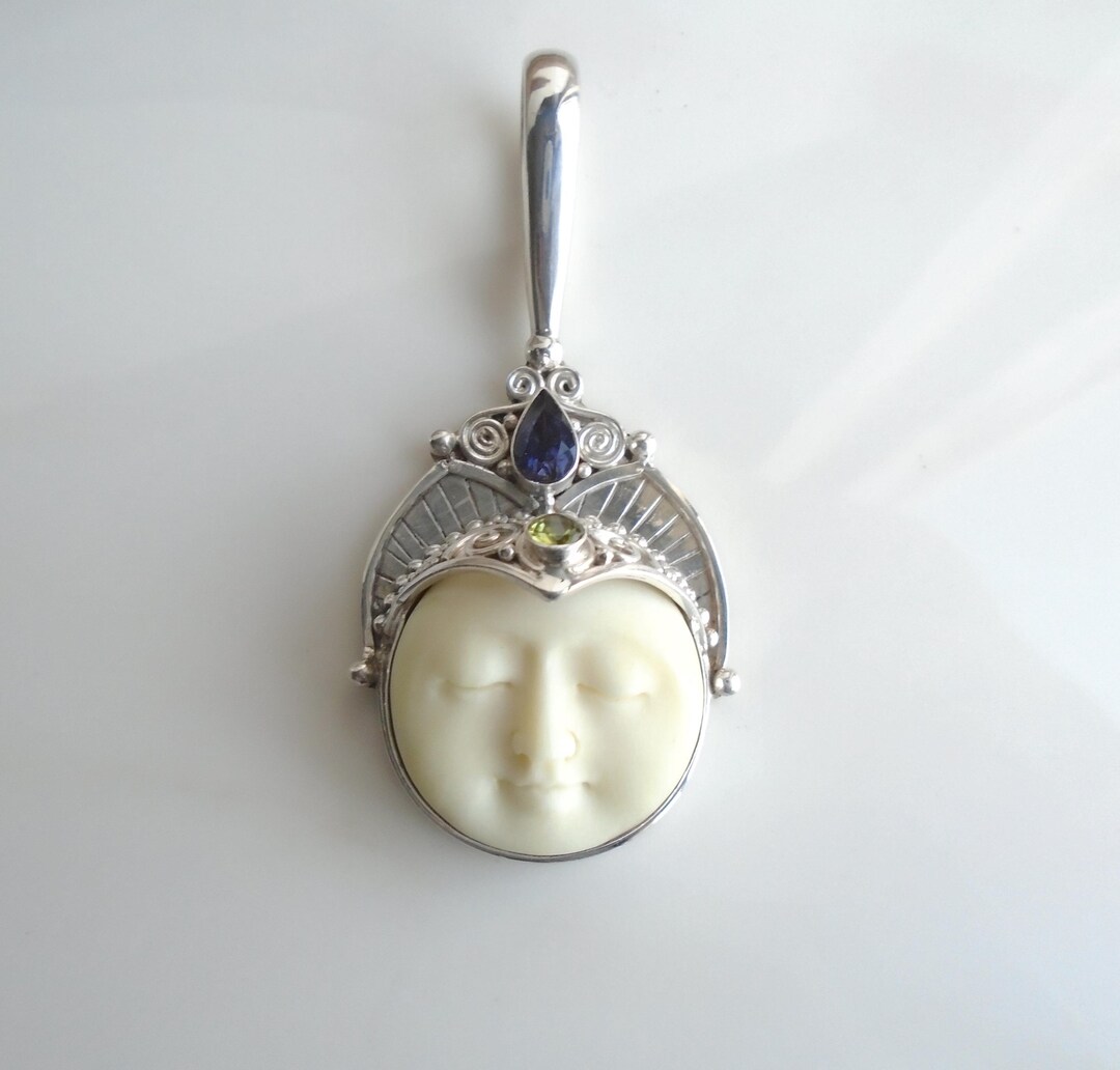 Vintage Signed SAJEN Multi Colored Gemstones Carved Moon Face Goddess ...