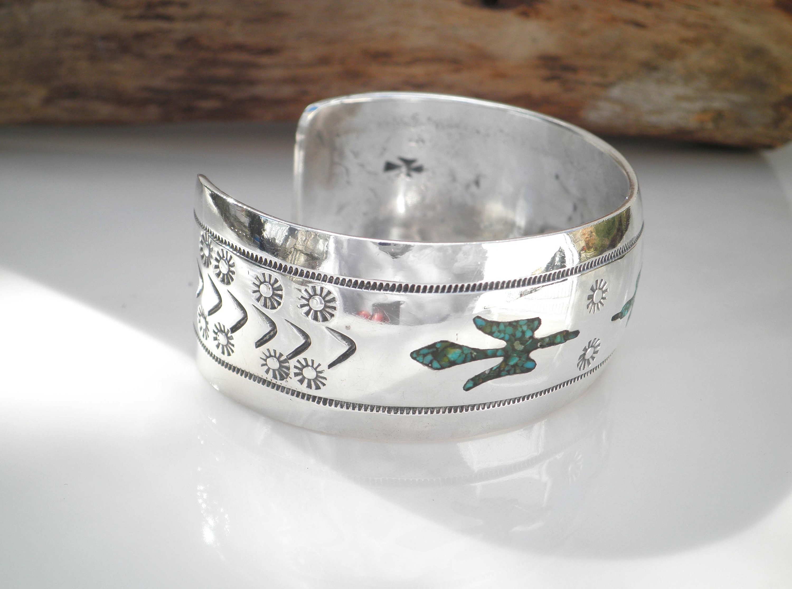 Vintage Navajo Gibson Gene Sterling Silver Turquoise Peyote Bird Cuff ...