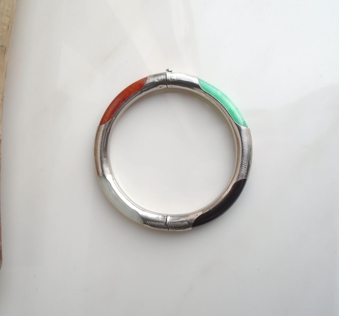 Vintage Genuine Multi-color Jade Etched 925 Sterling Silver Hinged ...