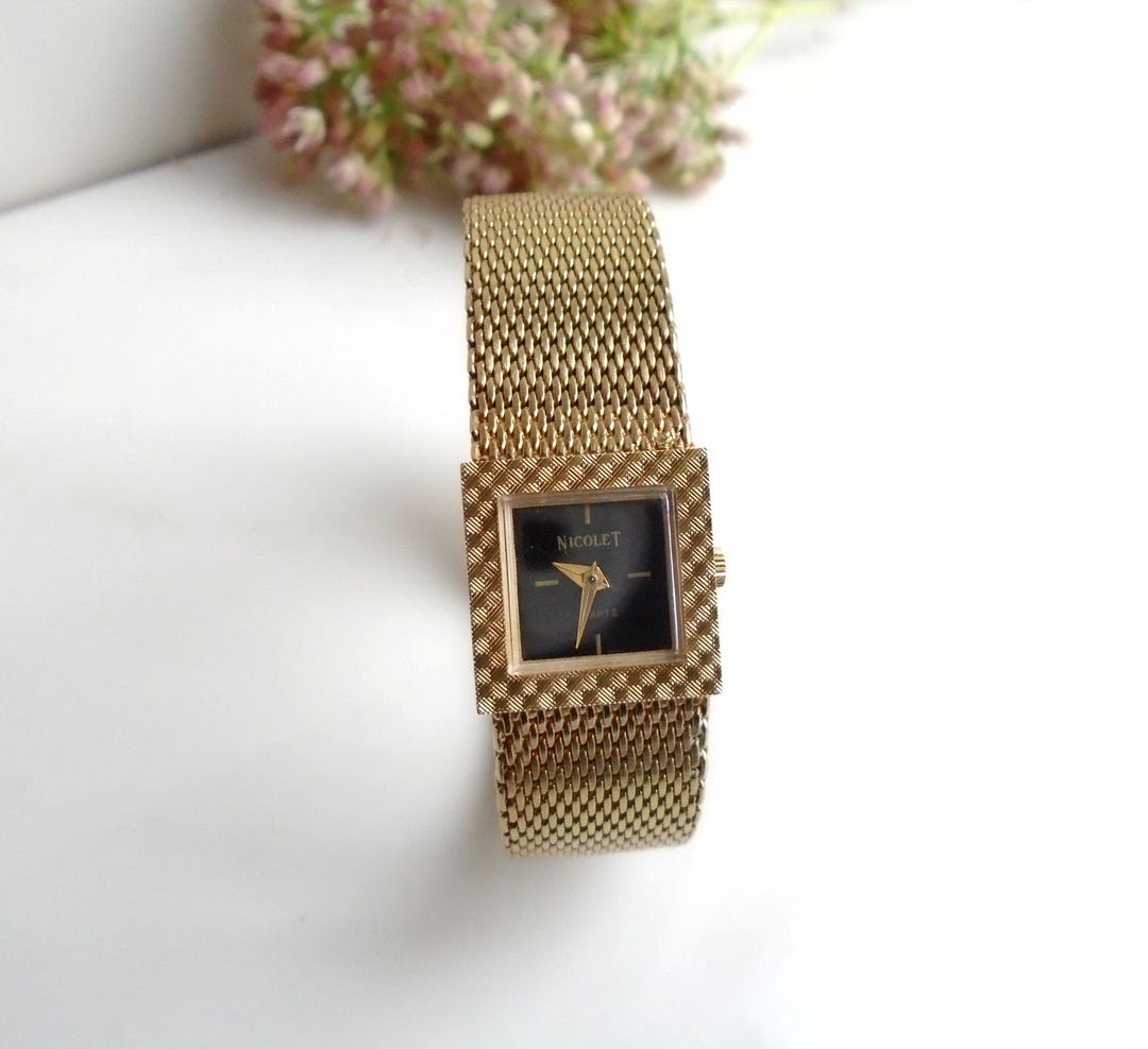 Vintage Swiss Made Nicolet Gold Plated Mesh Design Adjustable Band ...