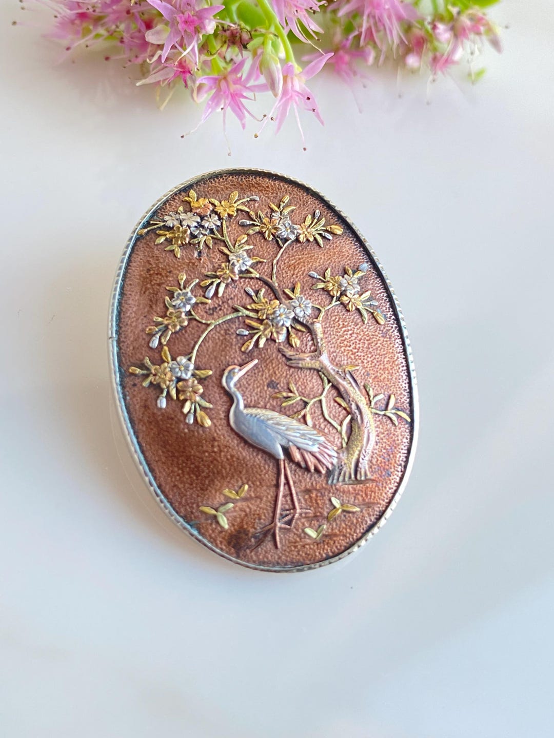 Antique Japanese Shakudo Mix Metal Brooch Pin With Bird & Sakura Tree ...
