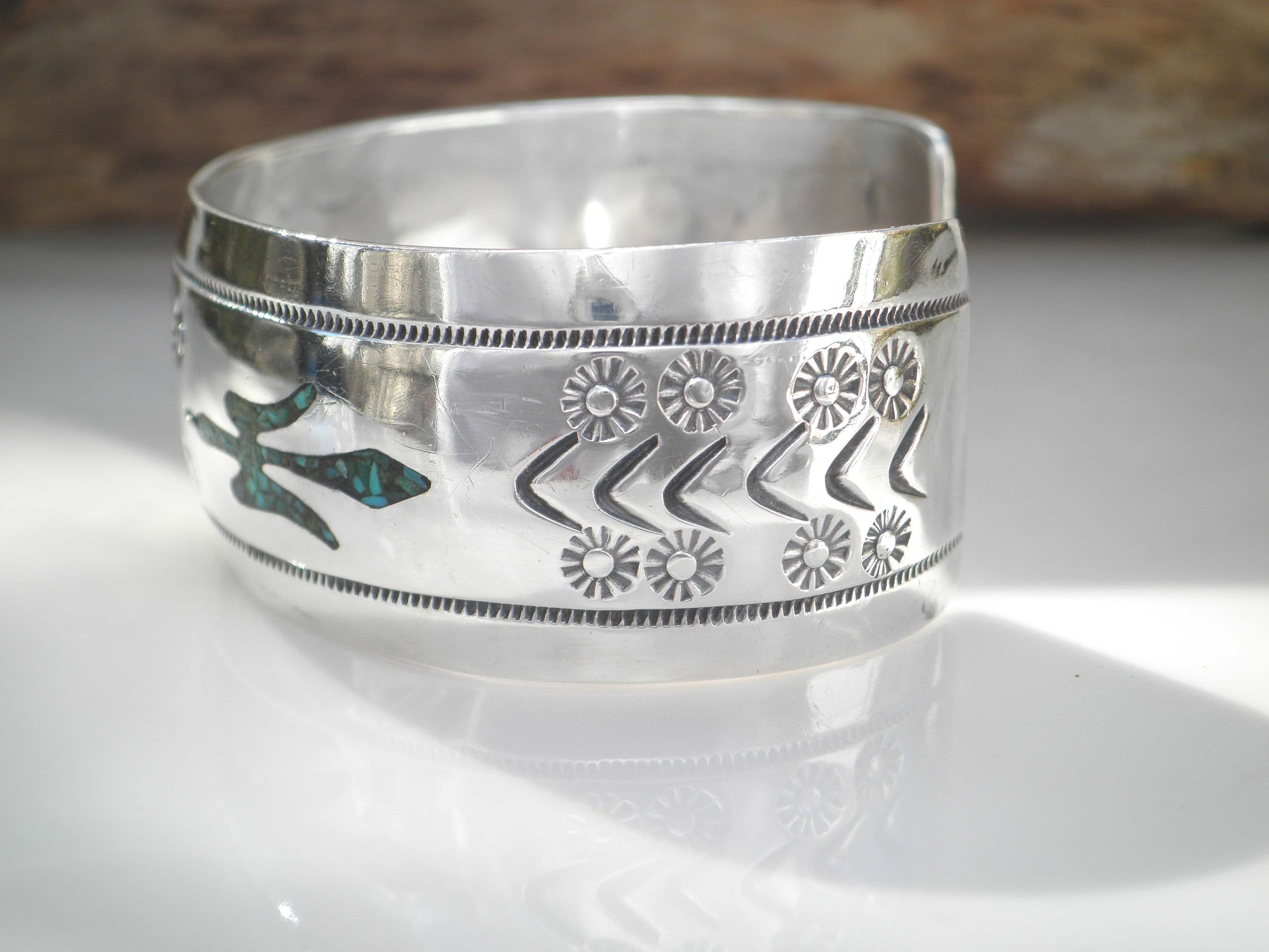 Vintage Navajo Gibson Gene Sterling Silver Turquoise Peyote Bird Cuff ...