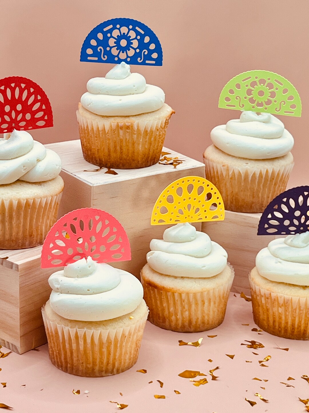 Traditional Mexican Papel Picado Paper Cupcake Topper or Decoration Set ...