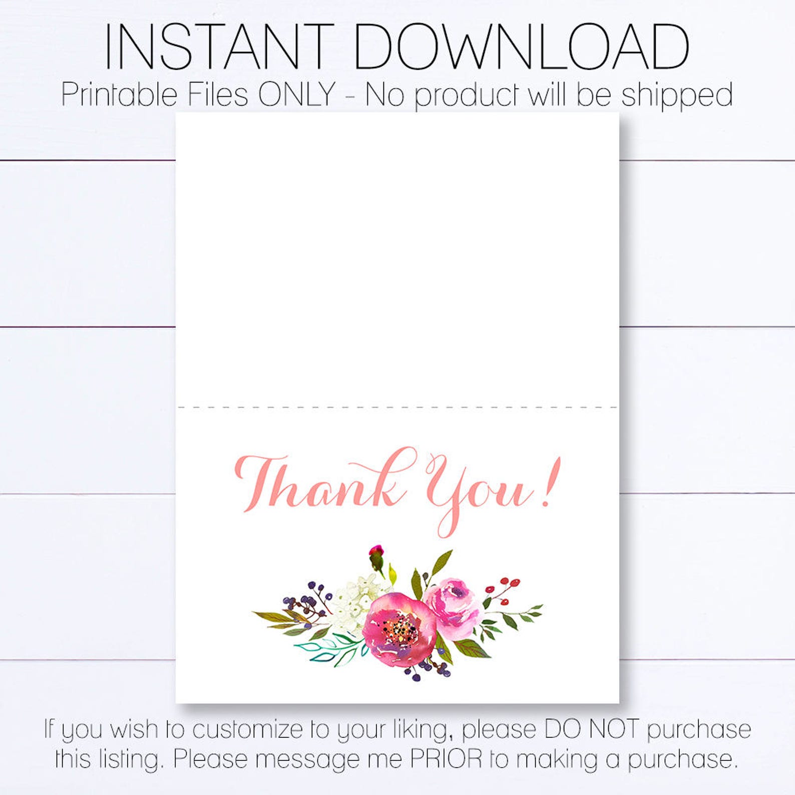 Floral Thank You Card Watercolor Floral Thank You Card Pink Etsy
