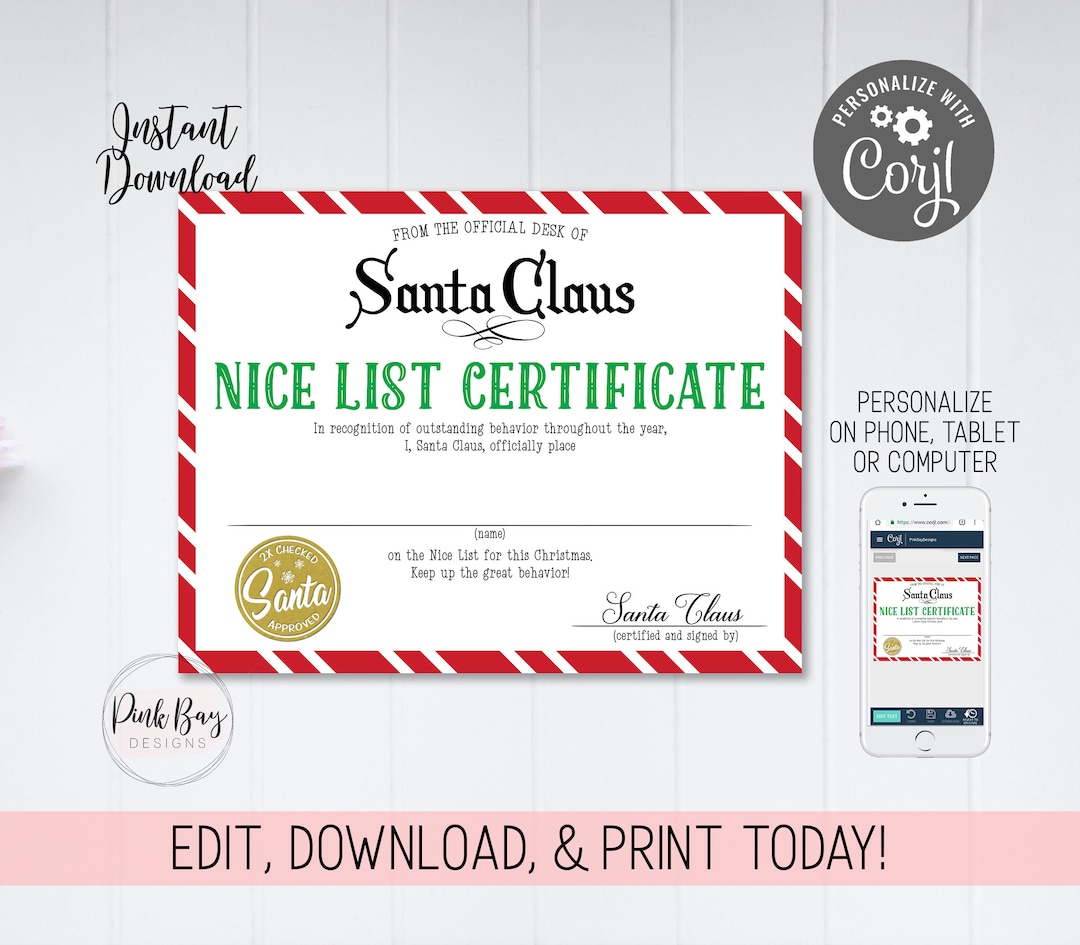 Edit Yourself Nice List Certificate, Editable Christmas List, Children ...
