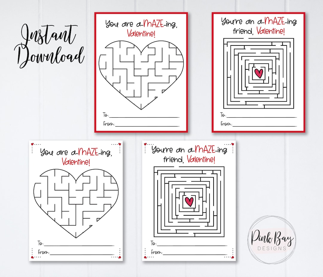 Maze Valentines Day Cards, Kids Maze Valentine's Card, Printable ...