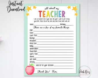 Teacher Appreciation Questionnaire Thank You for (Instant Download) - Etsy