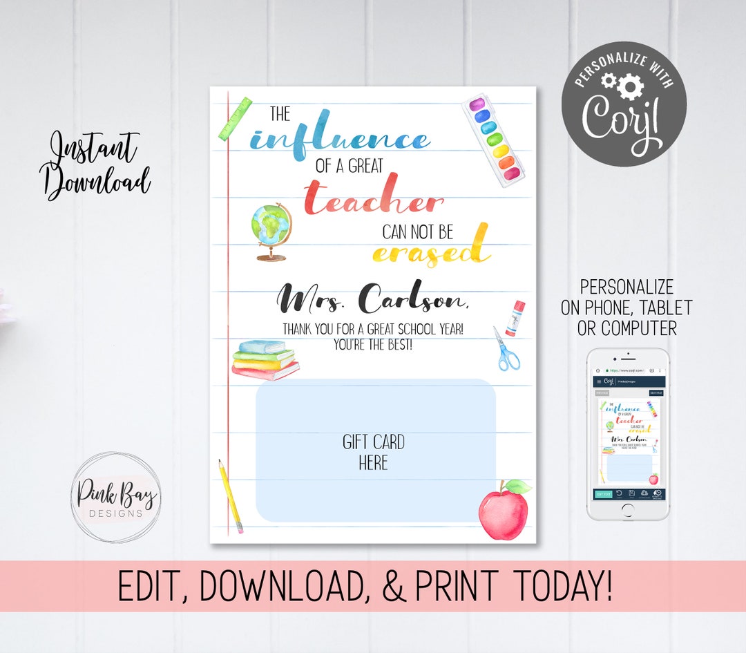 Edit Yourself Teacher Thank You Card Teacher Gift Card - Etsy