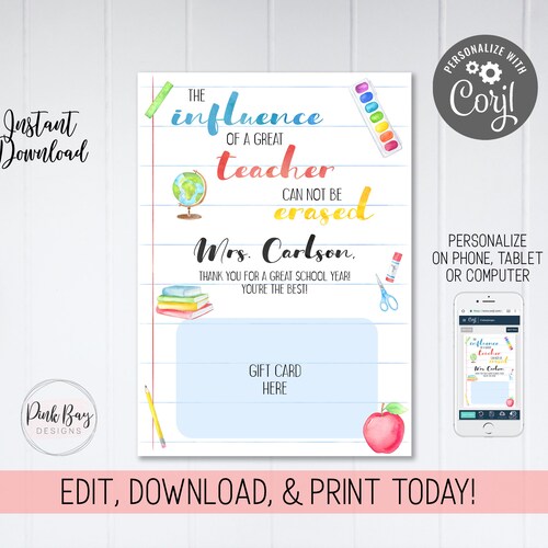 EDITABLE Teacher Gift Card Holder End of Year Schools Out - Etsy