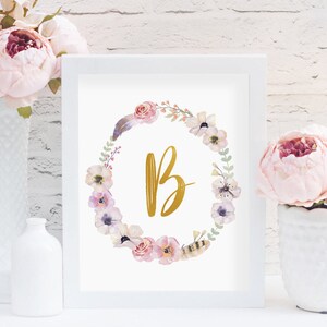 Initial Boho Floral Wreath Wall Decor Personalized Print - Etsy