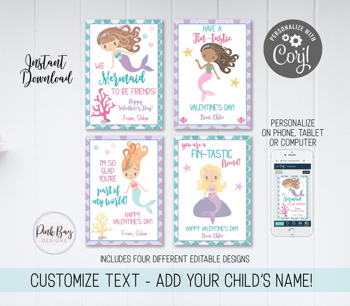 Edit Yourself Mermaid Valentine Cards Editable | Etsy