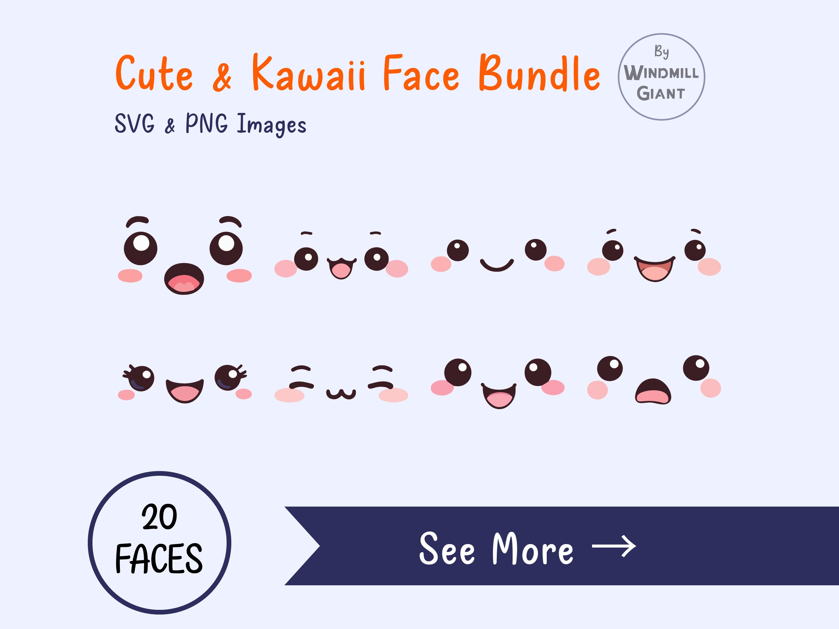 Cute Kawaii Face Clipart Pack 20 Adorable Emoticons SVG & PNG Bundle - Etsy