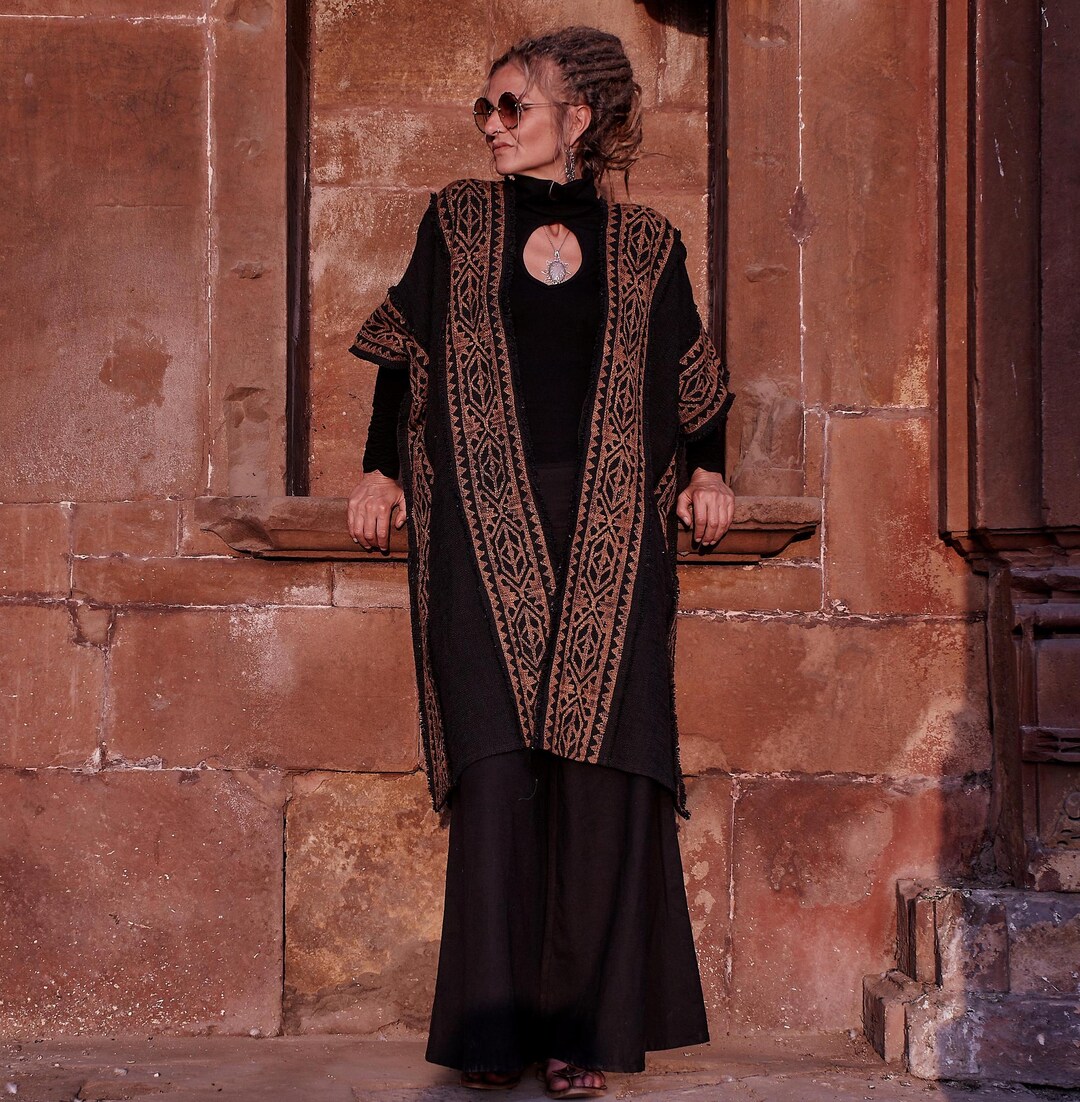 Long Black Boho Kimono Jacket Summer Cardigan~ Tribal Shaman Poncho ...