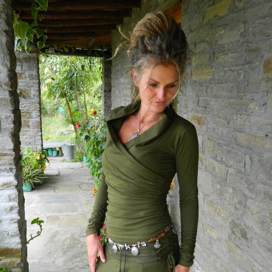 Long Sleeved Top for Women, Khaki Blouse, Open Cowl Neck Long Sleeved Top for Women, Khaki Blouse, Open Cowl Neck