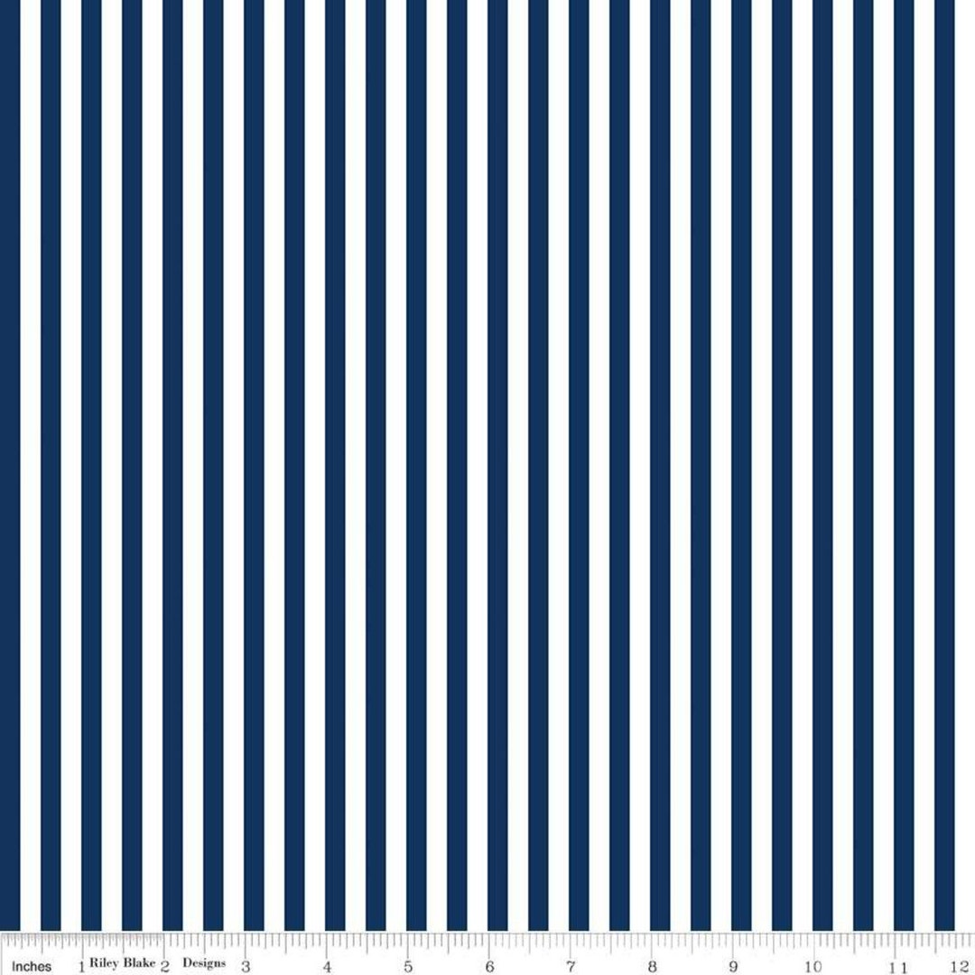 Navy and White Stripe Fabric/ Navy and White Fabric/ Mini Stripe Fabric ...