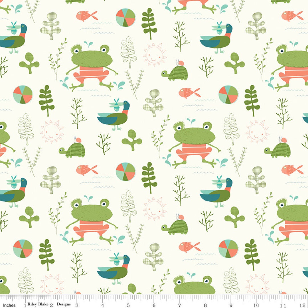 Cream Main Frog Fabric/ Ready Set Splash / Frog Fabric / Riley Blake ...