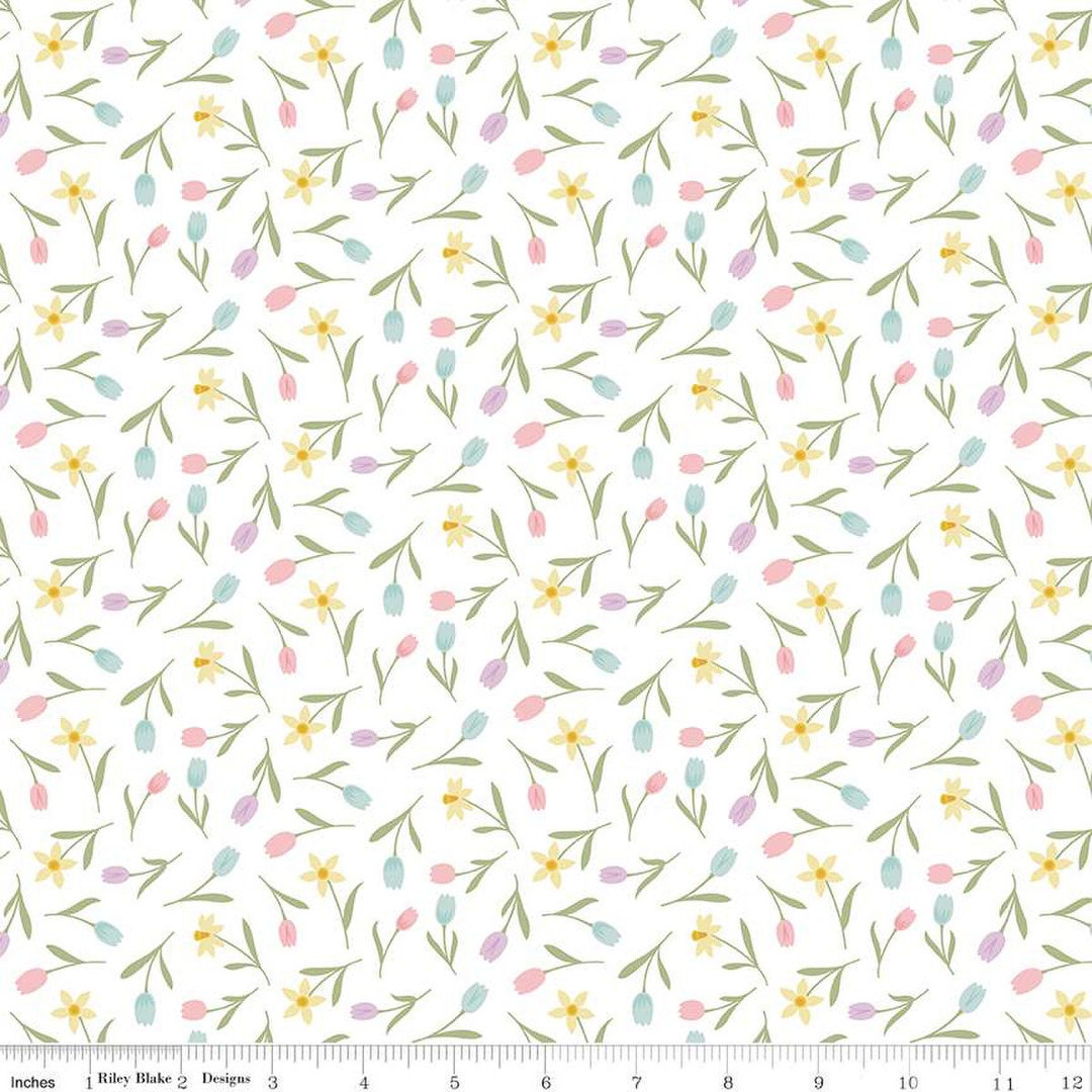 Bunny Trail Tulip Toss White Fabric / Easter Floral Fabric / Bunny Trail Collection/ Riley Blake ...