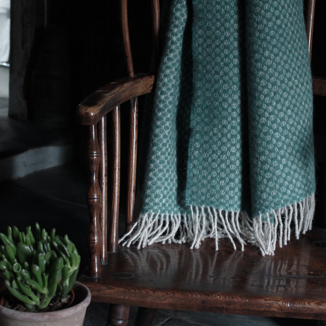 Teal Basketweave British Made Rustic Wool Blanket Throw Quality Warm ...