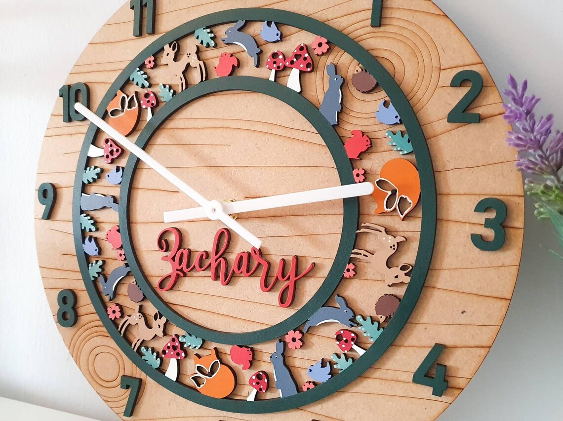 Woodland Themed Personalised Clock. Wall Art Time Teller. | Etsy
