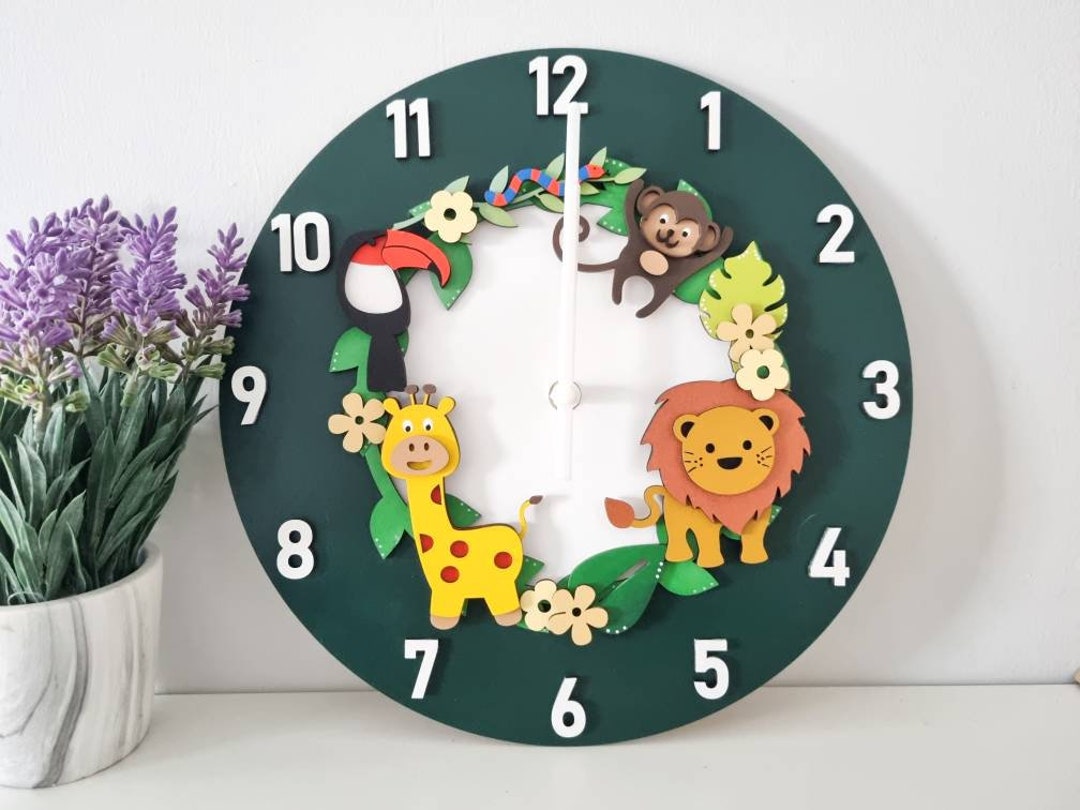 CLOCK Jungle / Safari Animals Clock. Monkey, Lion and Giraffe Bedroom ...