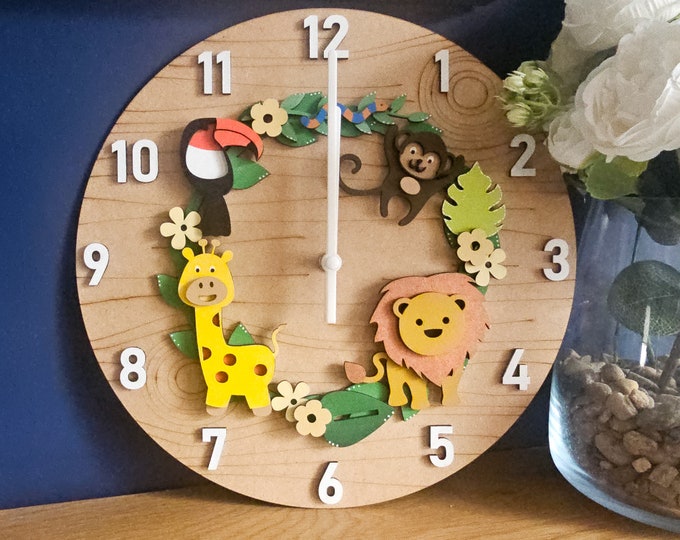 CLOCK Jungle / Safari Animals Clock. Monkey, Lion and Giraffe Bedroom ...