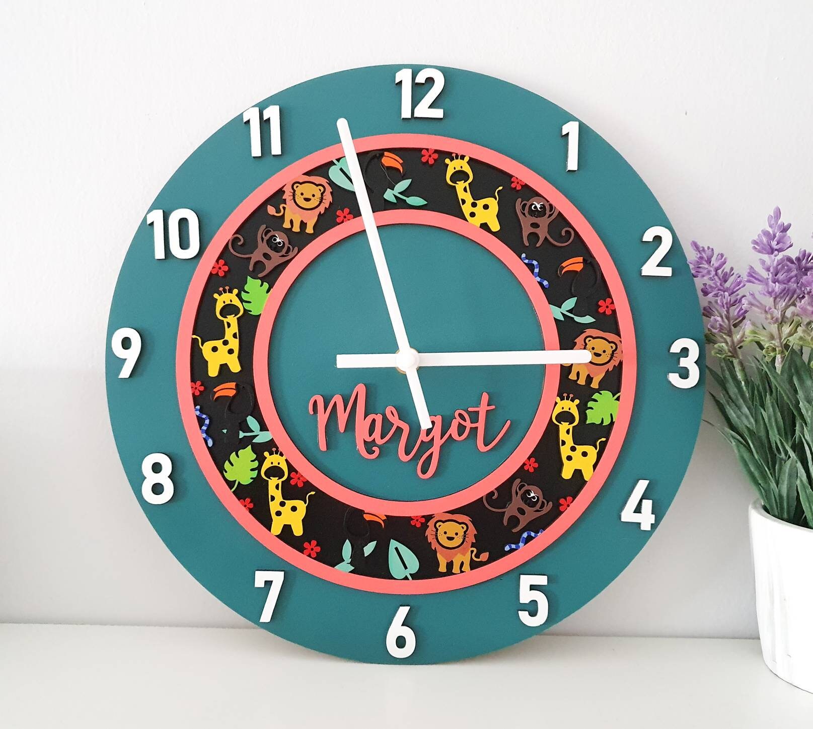 Safari / Jungle Themed Wall Clock. Bedroom, Nursery Art, Time Teller ...