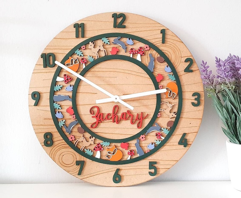 Woodland Themed Personalised Clock. Wall Art Time Teller. - Etsy