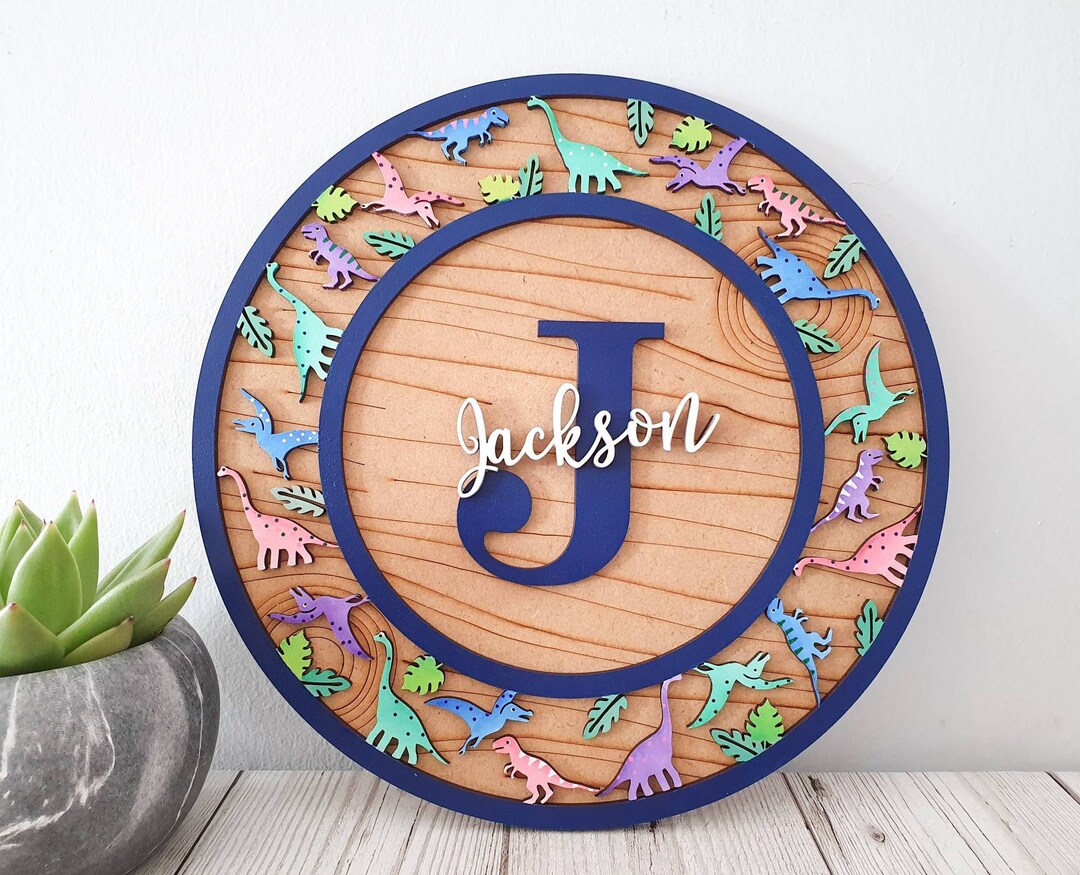 Personalised Dinosaur Circle Plaque. Wall Art, Door Name Sign - Etsy